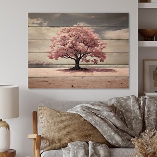 Designart "Pink Tree Spring Awakening II" Floral Print on Natural Pine ...