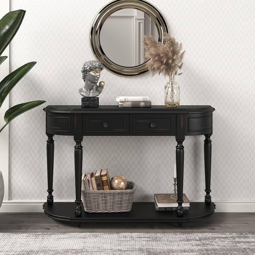 Retro Circular Curved Design Console Table with Open Style Shelf Solid ...