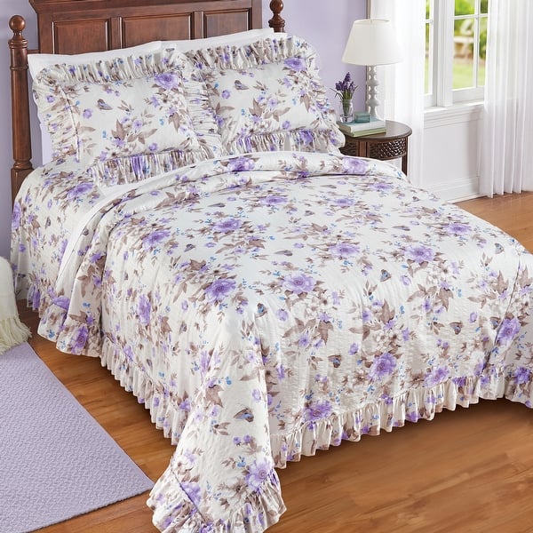 Jillian Blue & Lavender Floral Plisse Bedspread with Ruffled Trim - On ...