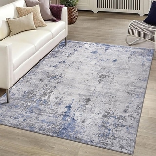 Silver/Blue/Abstract Non-Shedding Living Room Bedroom Dining Home ...