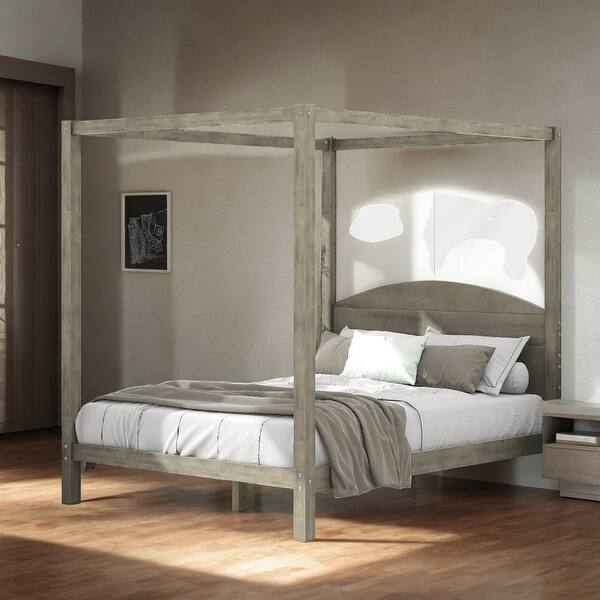 Wooden Canopy Queen Size Platform Bed with Curve Headboard and Support ...