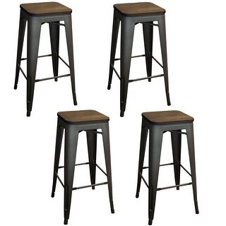 Loft Rustic Gunmetal 30 in. Metal Bar Stool with Wood Seat- 4 Piece ...