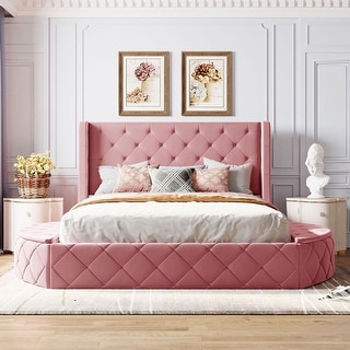 Pink Queen Size Upholstered Platform Bed with Wingback Headboard - Bed ...