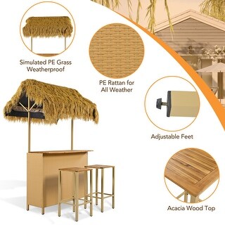 Hawaiian-style Bar Height Patio Set with PE Grass Canopy Outdoor Bar ...