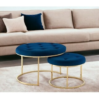 Set of Two Navy Blue Velvet and Gold Tufted Round Ottomans - Bed Bath ...