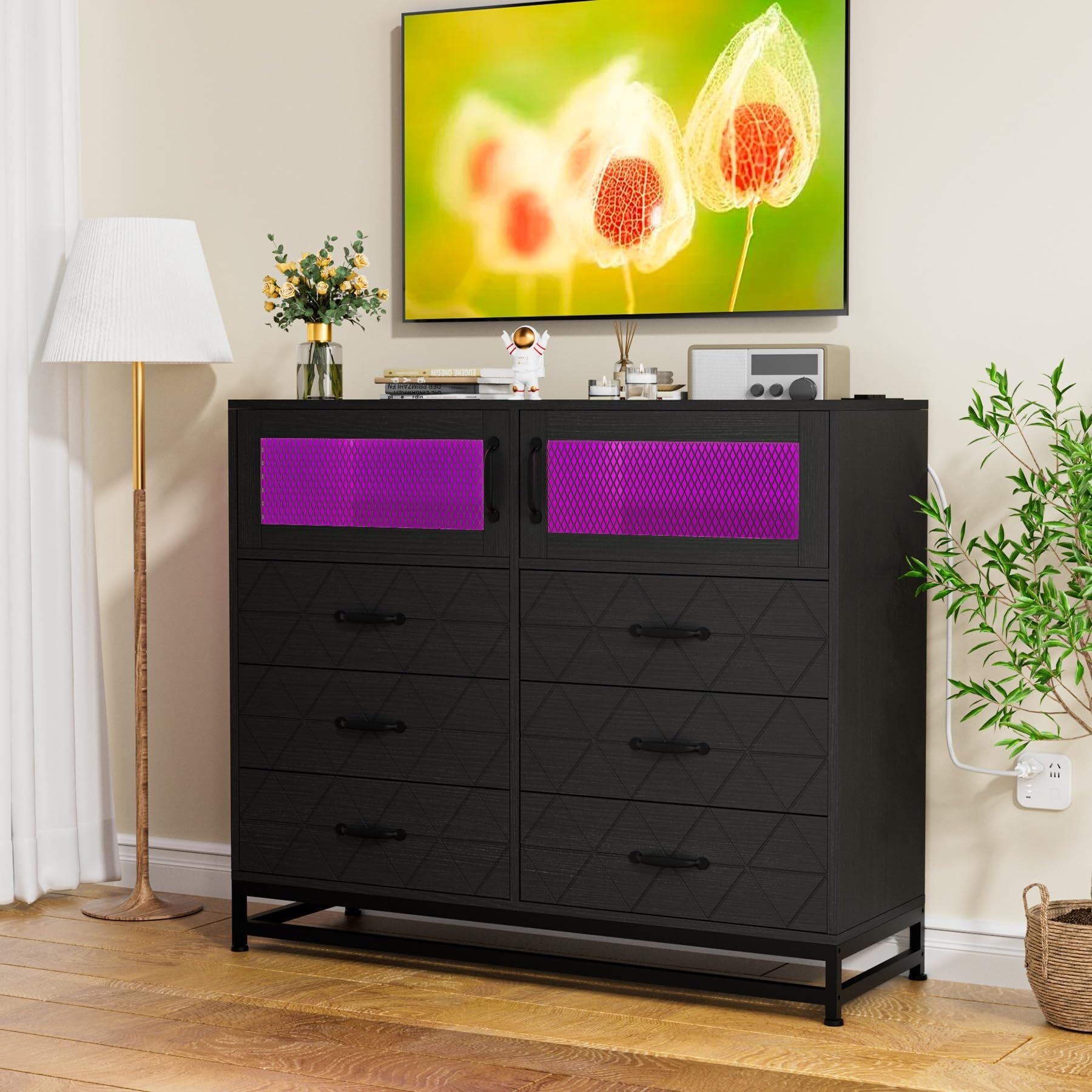 Dresser for Bedroom with LED Lights and Charging Station