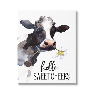 Stupell Hello Sweet Cheeks Country Cow Cattle Holding Flower Canvas ...