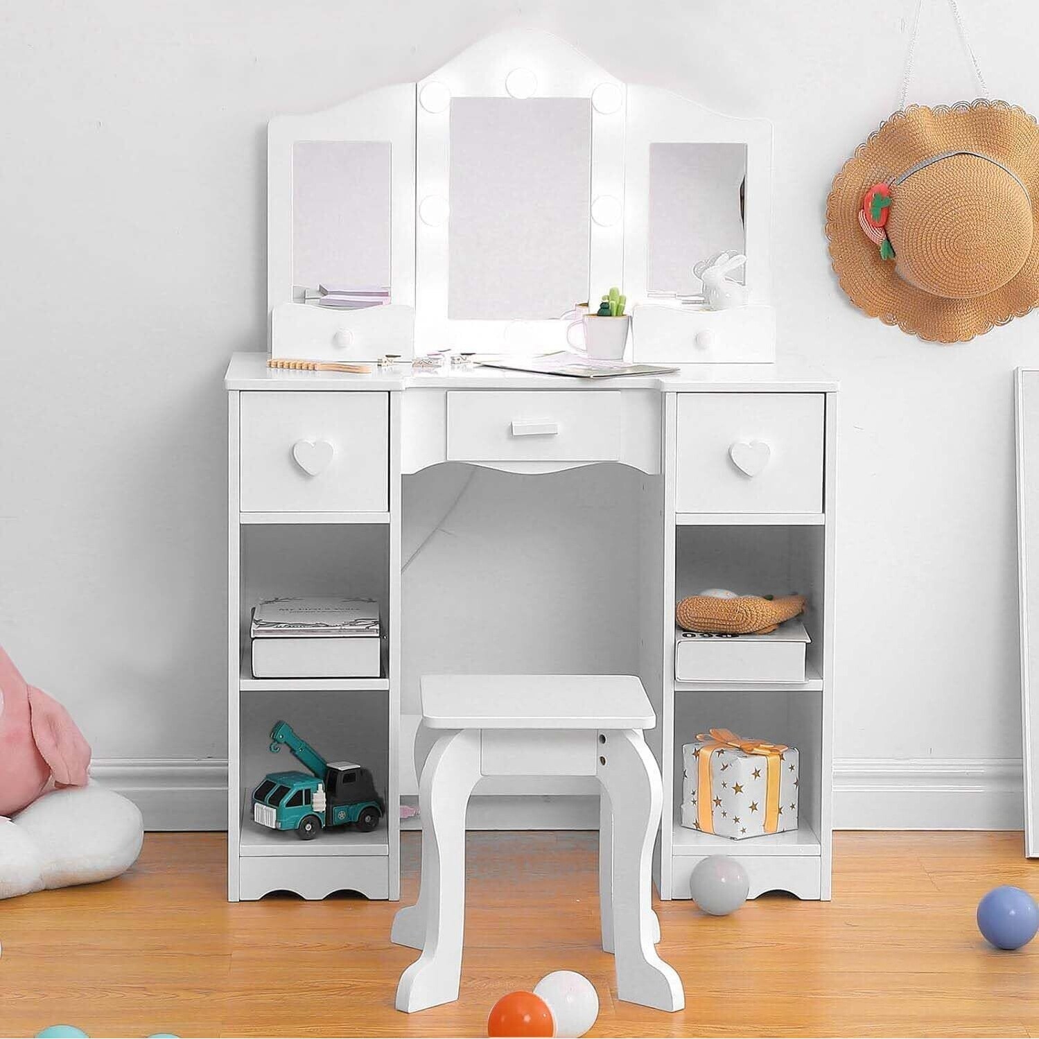 Kids Vanity Girls Vanity Table with Mirror White