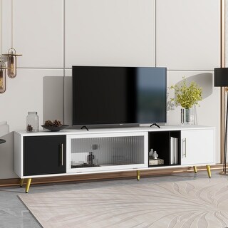 Two-tone TV stand with fluted glass door and gold metal accents, fits ...