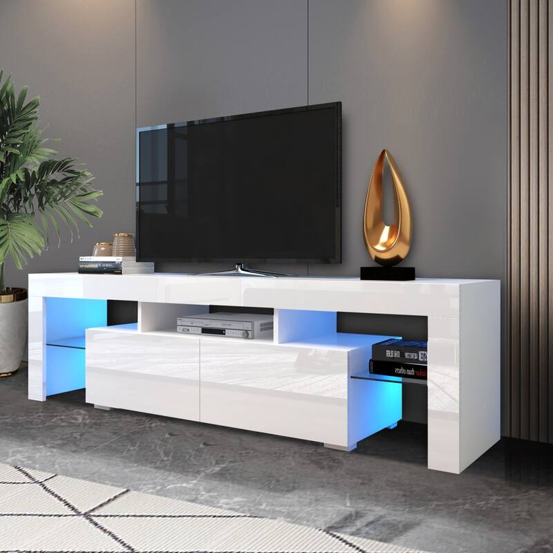 Modern White TV Stand, 20 Colors LED TV Stand - Overstock - 35239711