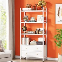 4-Tier White Bookshelf with 2 Drawers, Tall Bookcase with 4 Open Shelf ...