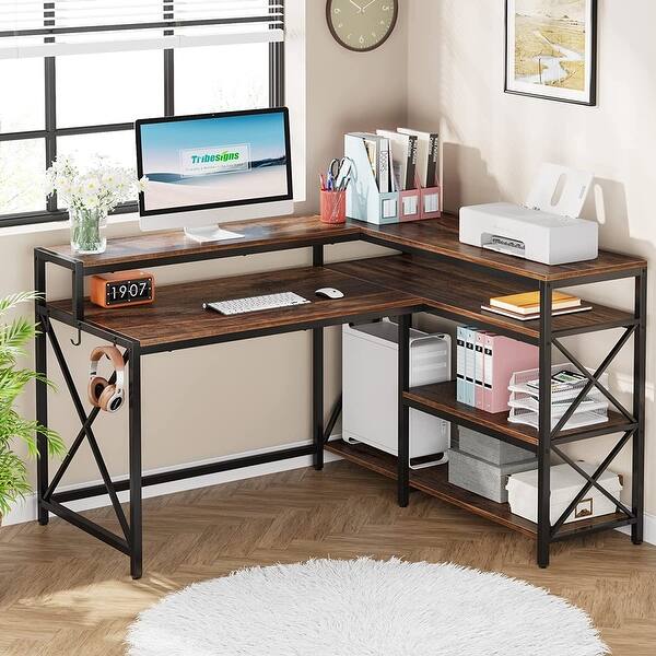 Reversible L Shaped Computer Desk, 53 Inch Corner Desk with Shelves ...