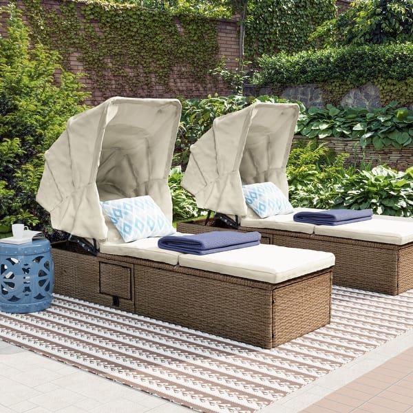 Amna Contemporary Wicker Outdoor Chaise Lounger with Canopy & Side ...