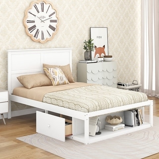 Full Size Spacious Storage Platform Bed with Drawer and Shelf, White ...