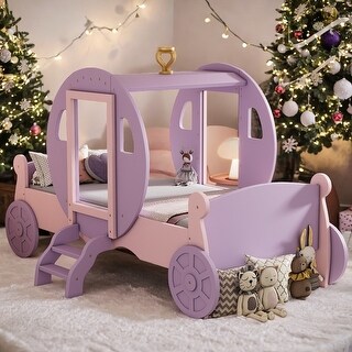 Twin size Purple+Pink Princess Carriage Bed with Crown,Wood Platform ...