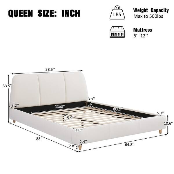 Queen Linen Upholstered Platform Bed with Wood Legs & Foam Padding ...