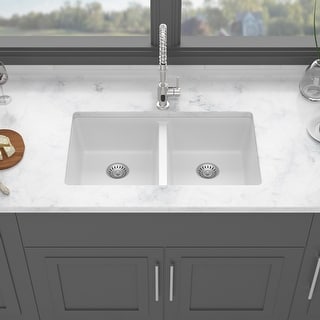 33" Undermount Double Bowl Quartz Kitchen Sink in White - 33'' x 19'' x ...
