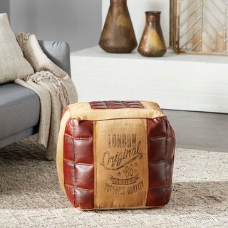 Brown Canvas Pouf with Leather Handles - Bed Bath & Beyond - 38336051