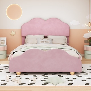 Light Pink Velvet Full Size Upholstered Bed w/ Cloud Shaped Bed Board ...