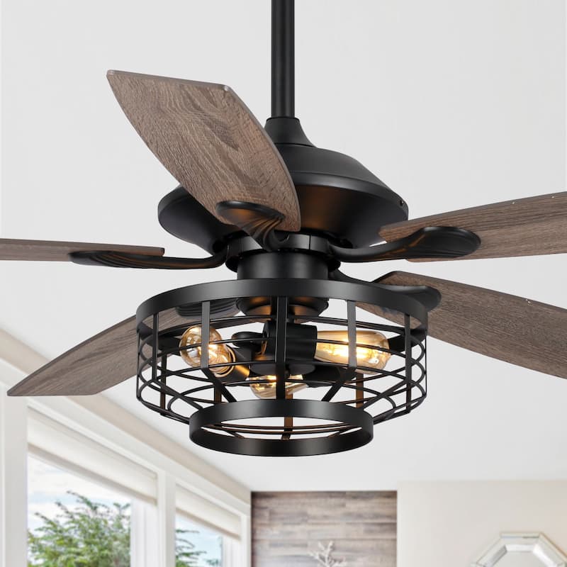 52" Industrial Wood 5-Blade Black Ceiling Fan with Remote and Light Kit ...
