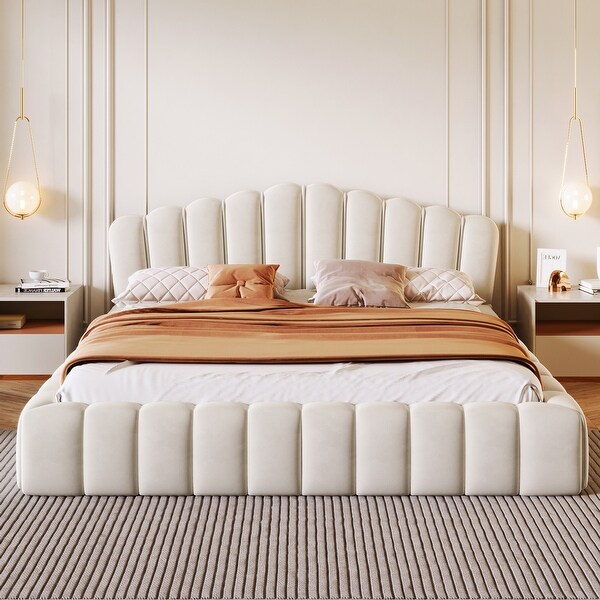Velvet Upholstered Queen BED Frame Shell Shaped Headboard for Bedroom No Box Spring Needed Bed Bath Beyond 41714465