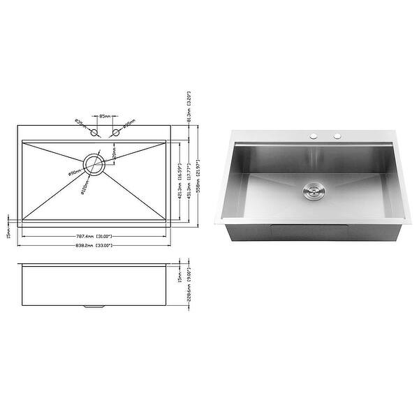 33 Inch Drop In Topmount Workstation Stainless Steel Kitchen Sink - 33 ...