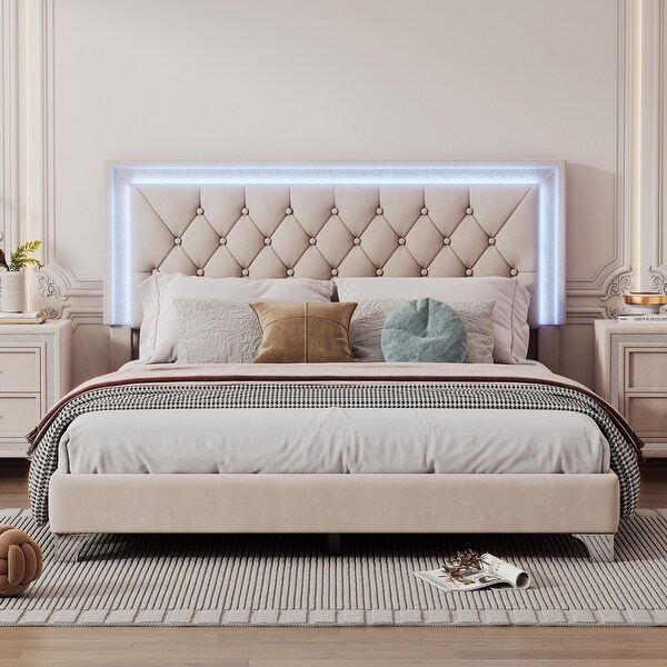 Queen Size Upholstered Bed Frame with LED Lights Modern Velvet Platform Bed with Tufted Headboard Bed Bath Beyond 40386254