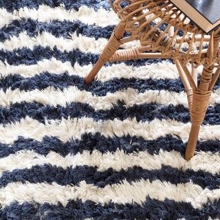 Navy/Ivory Shag Stripe Woven Wool Rug - Bed Bath & Beyond - 36560587