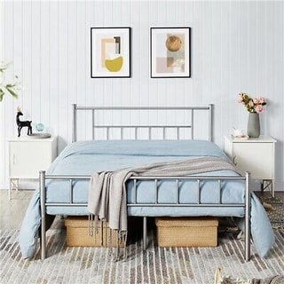Queen Size Metal Platform Bed Frame With Headboard/Footboard, Silver ...