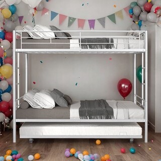Artsy Twin over Twin Metal Bunk Bed with Trundle and Guardrail, Silver ...