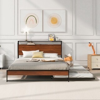 Space Saving Queen Bed with Trundle and USB Socket, Headboard Shelf ...