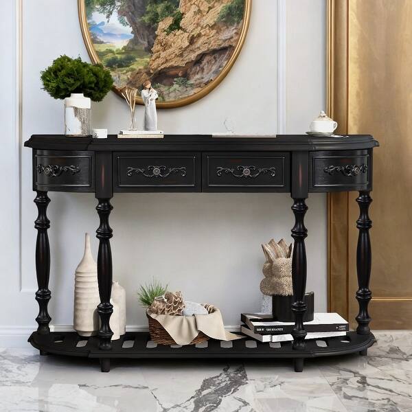 52'' Modern Curved Console Table with 4-Drawers and 1-Shelf, Black - On ...