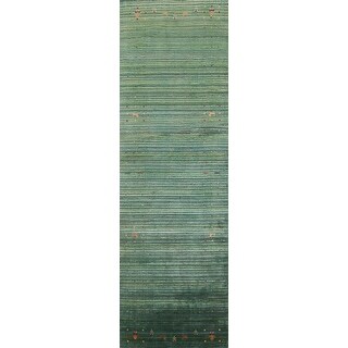 Striped Green Tribal Gabbeh Runner Rug Hand-Knotted Wool Carpet - 2'4"x ...