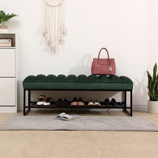 Tufted Bench with Open Metal Shelf, Velvet Upholstered Benches with ...