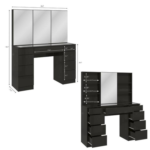 Boahaus Lily Modern Makeup Vanity, Glass Top, 9 Drawers with Crystal ...