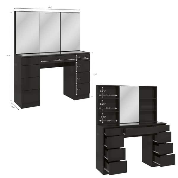 Boahaus Lily Modern Makeup Vanity, Glass Top, 9 Drawers with Golden ...