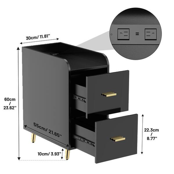 Black Nightstand with Charging Station, 2 Deep Drawers, Bedroom, High ...