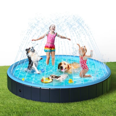 Dog Pool for Large Dogs, Foldable Pet Wading Pool with Splash Sprinkler ...