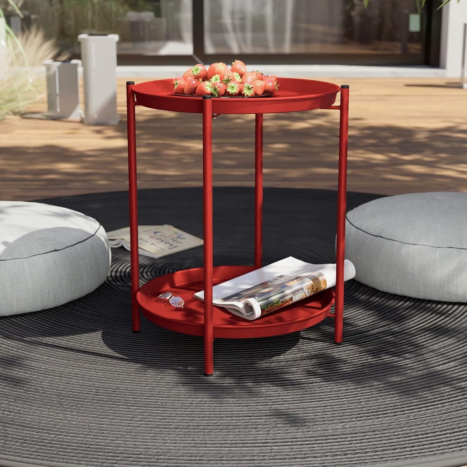 Steel Patio Side Table 2 Tier Weather Resistant Outdoor Round End Table