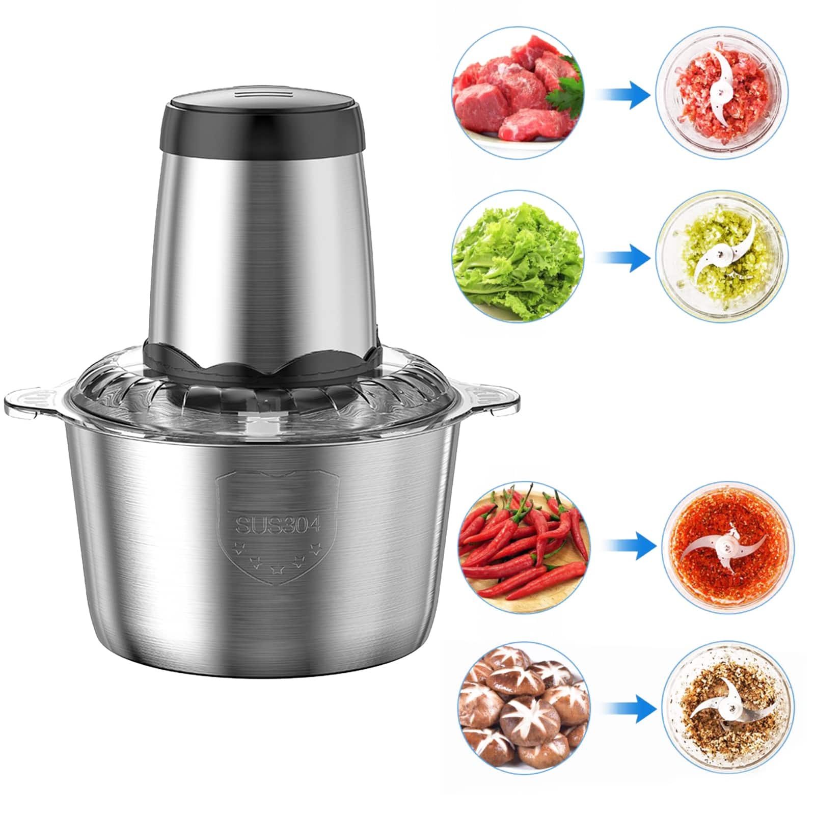 Meat Grinder Food Processor Stainless Steel Meat Blender Food Chopper - 7.4x10.3" Overall - Bed ...