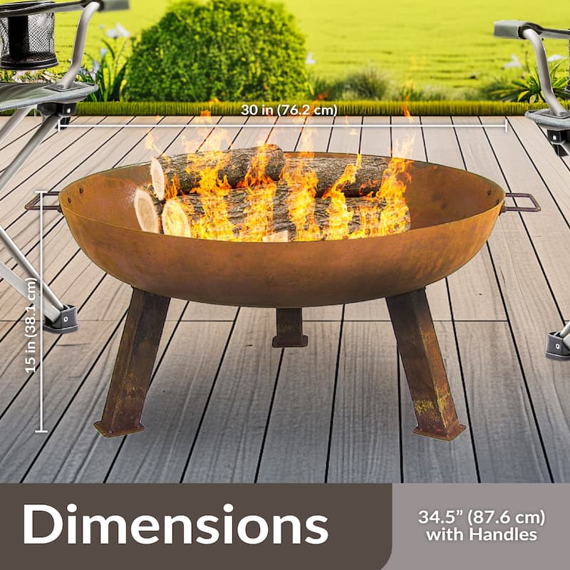 30" Fire Pit Cast Iron with Rustic Finish Wood-Burning Fire Bowl ...