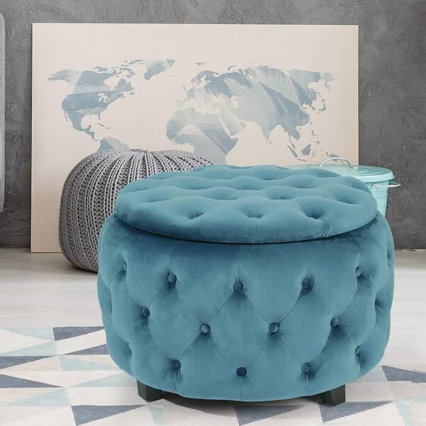 Adeco Tufted Blue Round Storage Ottoman - On Sale - Bed Bath & Beyond ...