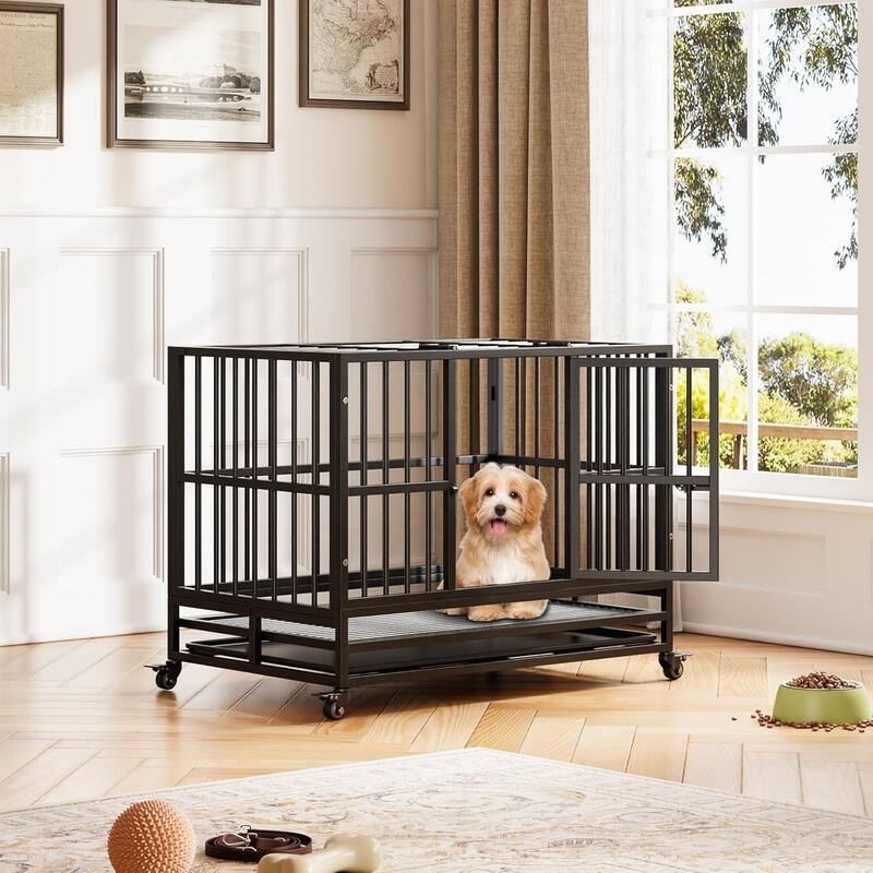 Heavy Duty Dog Crate, Dog Crate with Double Door, 360° Lockable Wheels ...