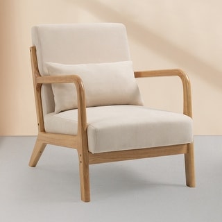 White Single Lounge Chairs Reading Armchair with Solid Wood Frame, Mid ...