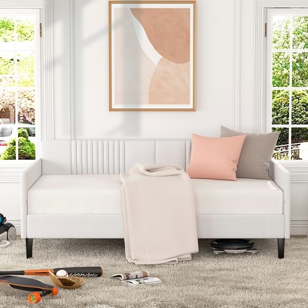 Twin Size Off White Linen Upholstered Daybed with Vertical tufting ...