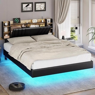 Queen Floating LED Bed Frame with Bookcase & Storage Headboard Full ...