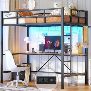 Loft Bed with Desk Gaming Bunk Bed LED Lights Charging Station - Bed ...