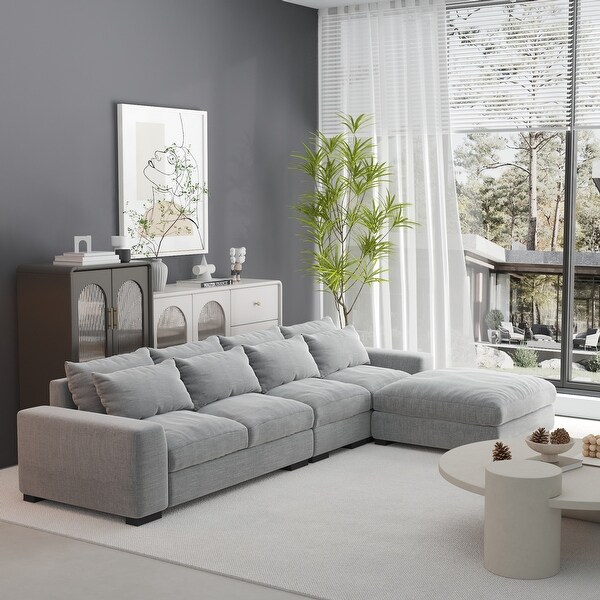 Feather Filled Wide Reversible Sofa Chaise L Shaped Modular Sectional Sofa with Ottoman for Living Room Light Grey