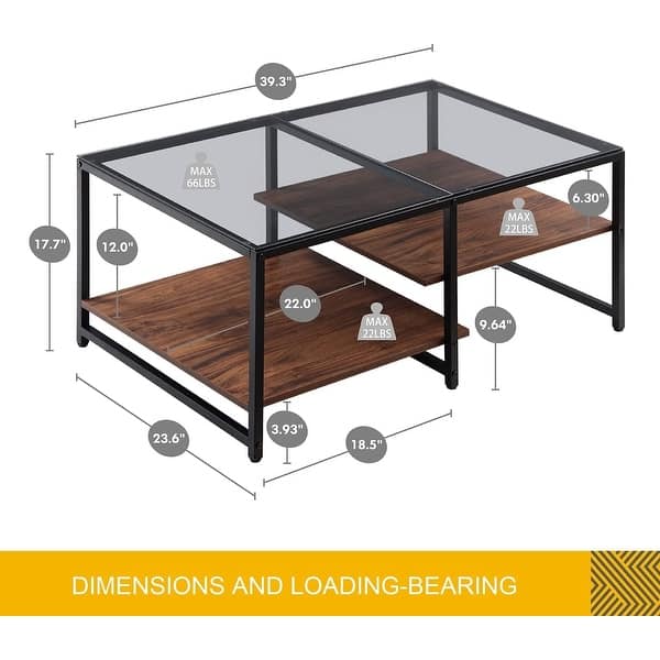 2-in- 1 Glass Wood Coffee Table with 2-Tier Staggered Shelves ...