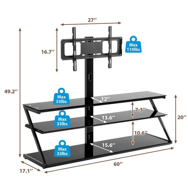 Height Adjustable Swivel TV Stand with Tempered Glass Shelves - Fits 32 ...